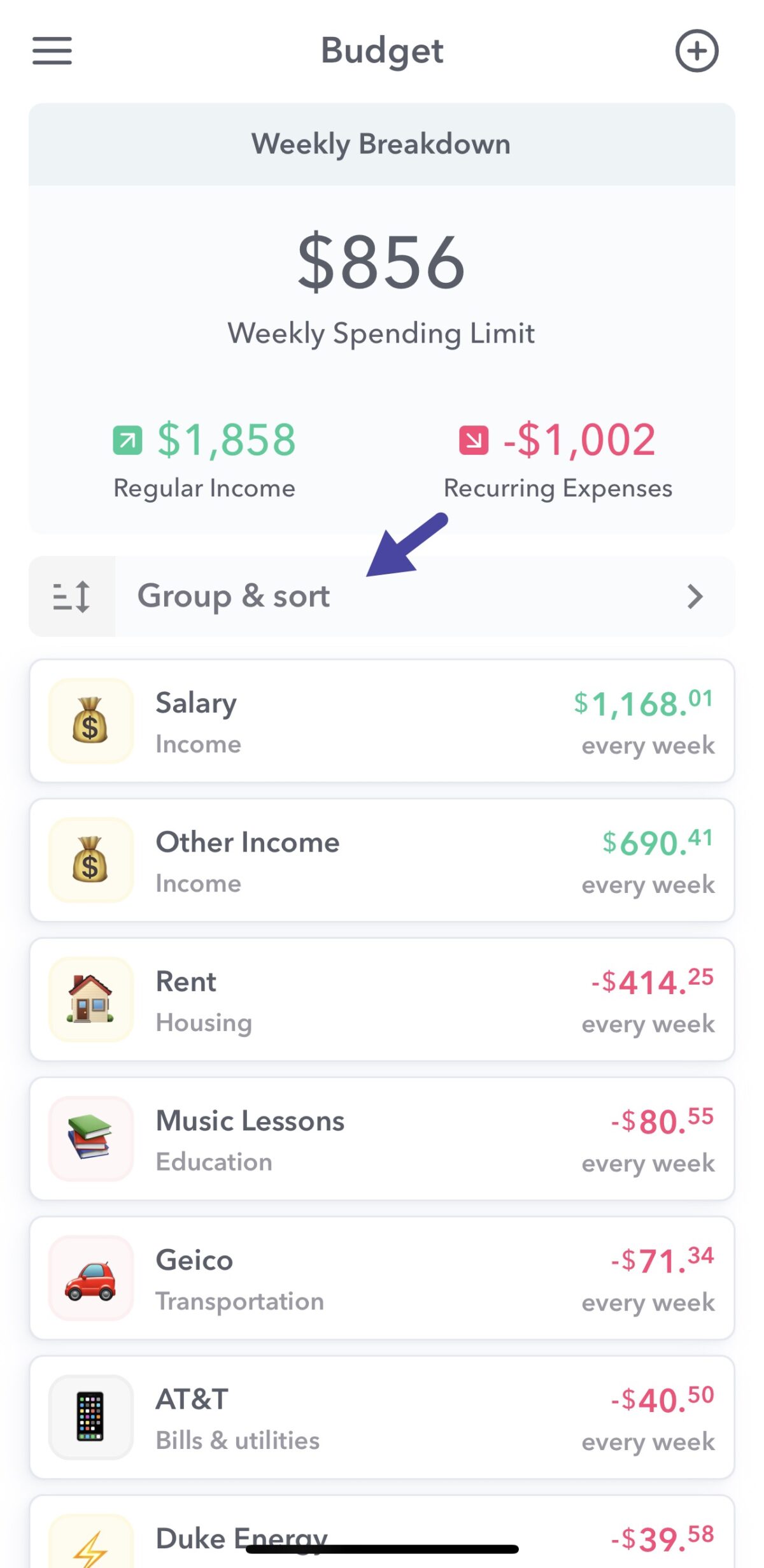 Group and Sort Budget Items - Weekly | A Budget Planner and Spending ...